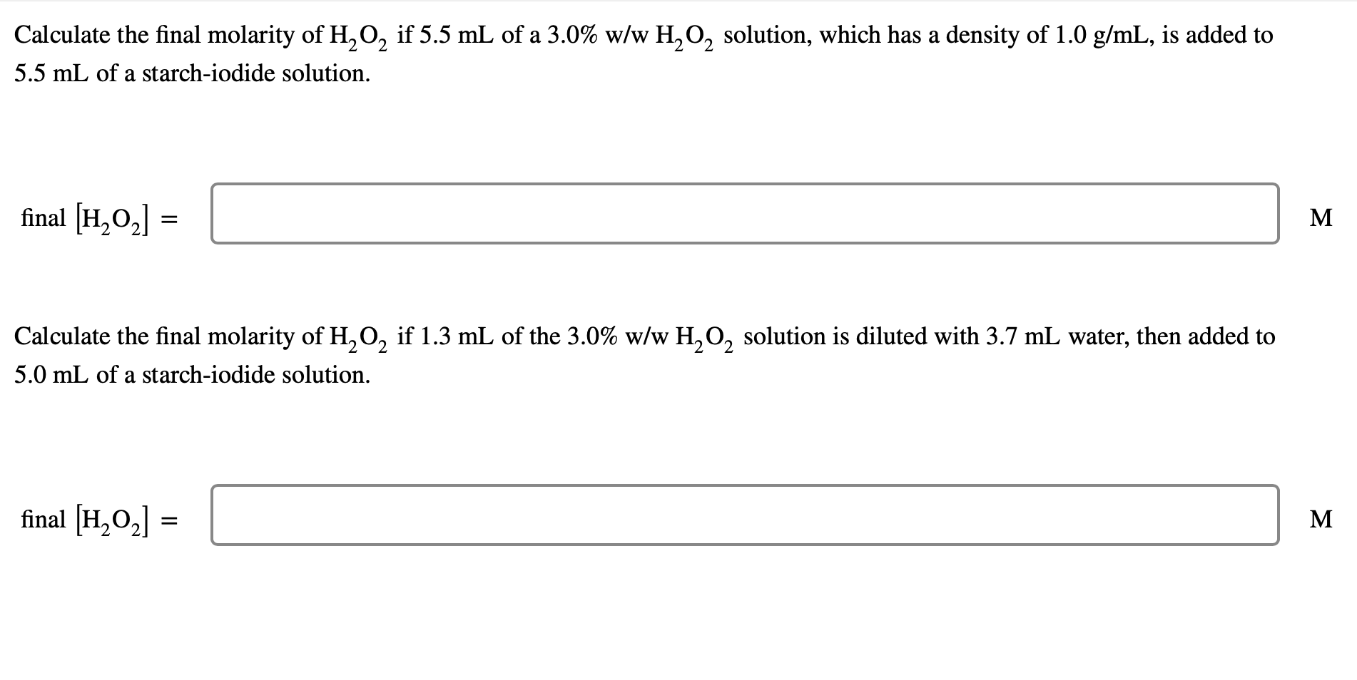 Solved Calculate the final molarity of H2O2 if 5.5 mL of a | Chegg.com