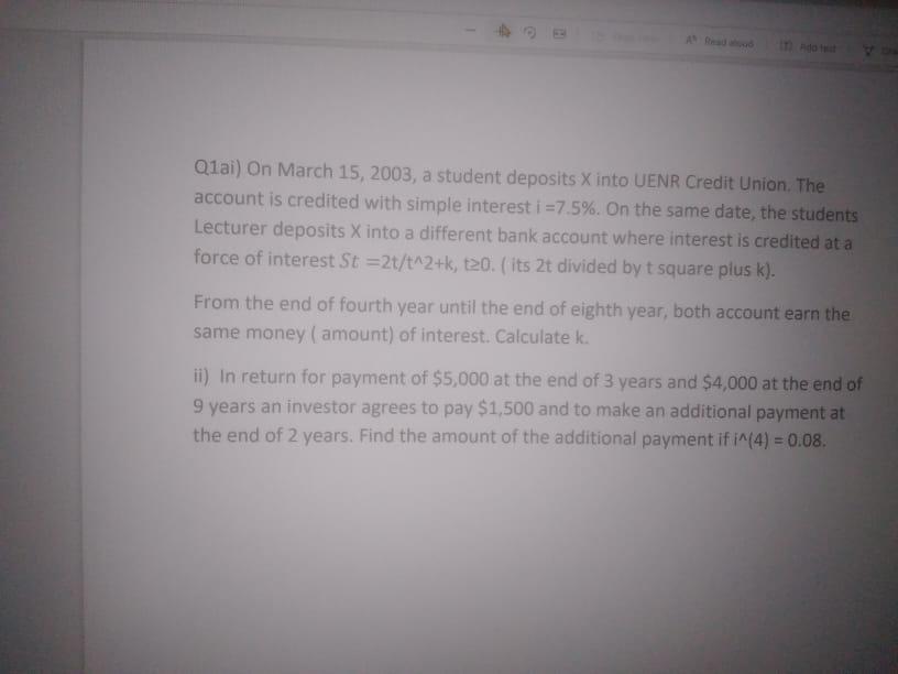 Qlai) On March 15, 2003, a student deposits X into | Chegg.com