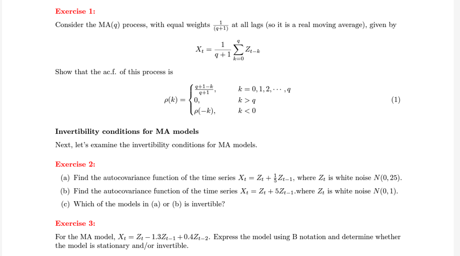 Exercise 1:Consider the MA(q) ﻿process, with equal | Chegg.com