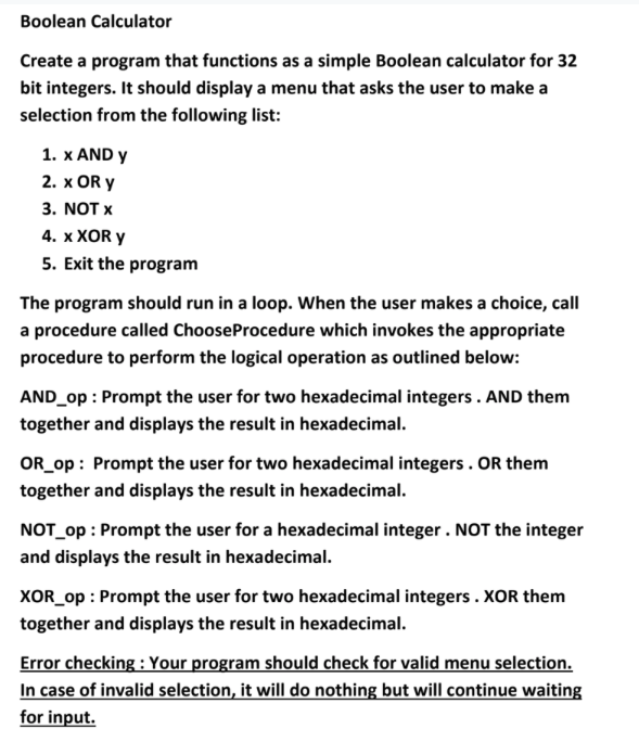 Solved Boolean Calculator Create a program that functions as | Chegg.com