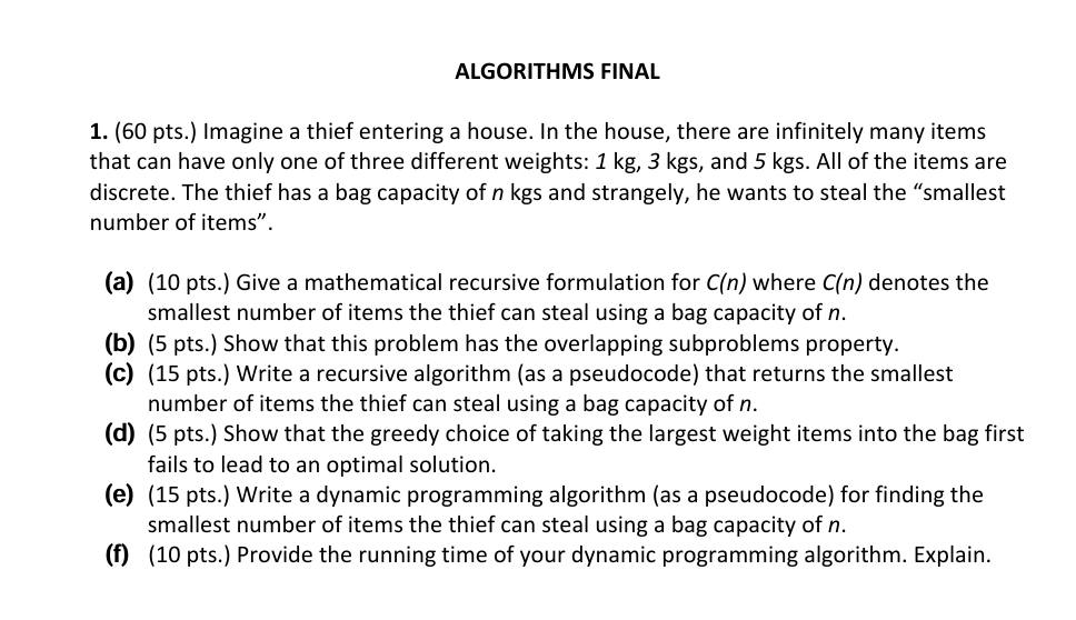 Solved ALGORITHMS FINAL1. (60 ﻿pts.) ﻿Imagine a thief | Chegg.com