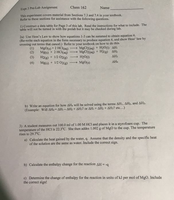 Solved Chem 162 Name Expt 3 Pre-Lab Assignment This | Chegg.com