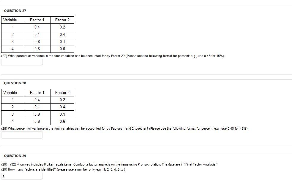 Solved QUESTION 27 Variable Factor 1 1 0.4 2 0.1 3 0.8 4 0.8 | Chegg.com