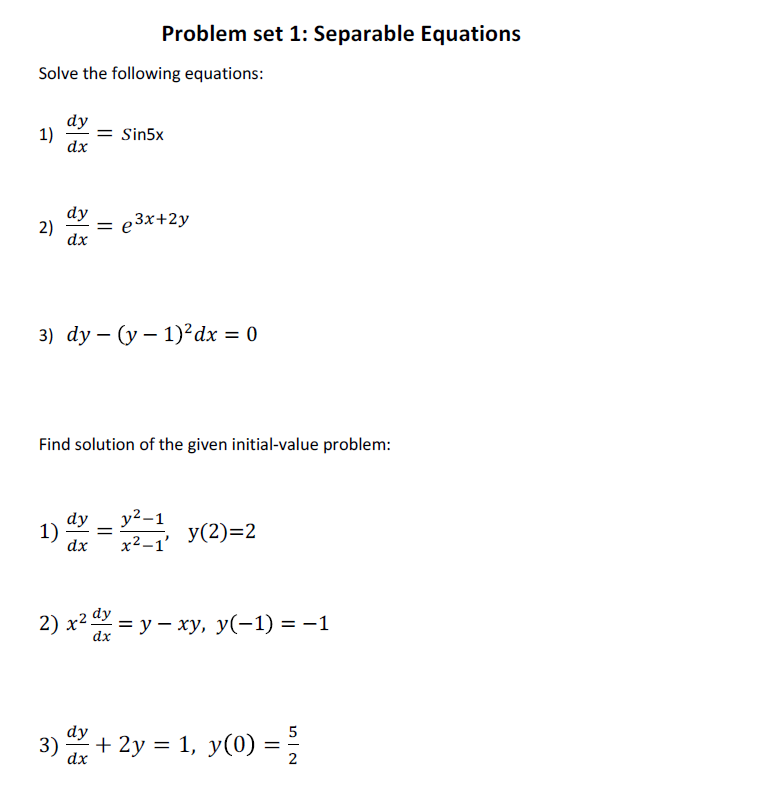 Solved Problem set 1: Separable Equations Solve the | Chegg.com