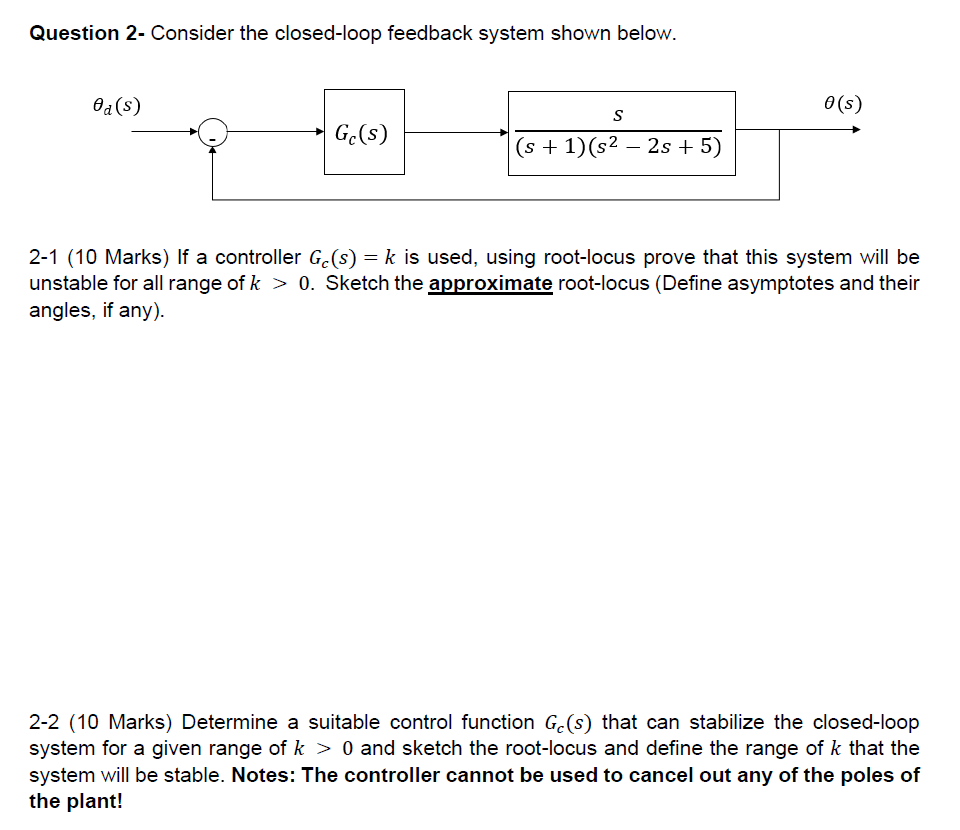 Solved Question 2- Consider the closed-loop feedback system | Chegg.com