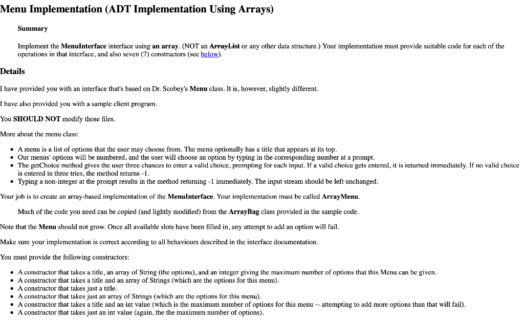 Solved Summary Implement the MenuInterface interface using | Chegg.com