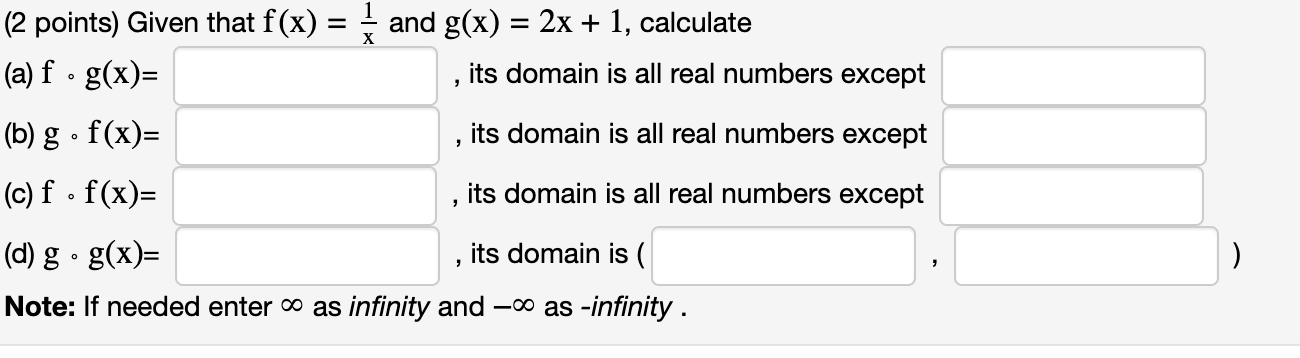 Solved (2 points) Given that f(x)=x1 and g(x)=2x+1, | Chegg.com