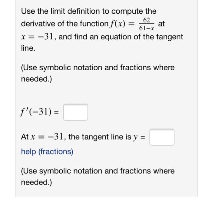Solved Use the limit definition to compute f'(a) and find an | Chegg.com