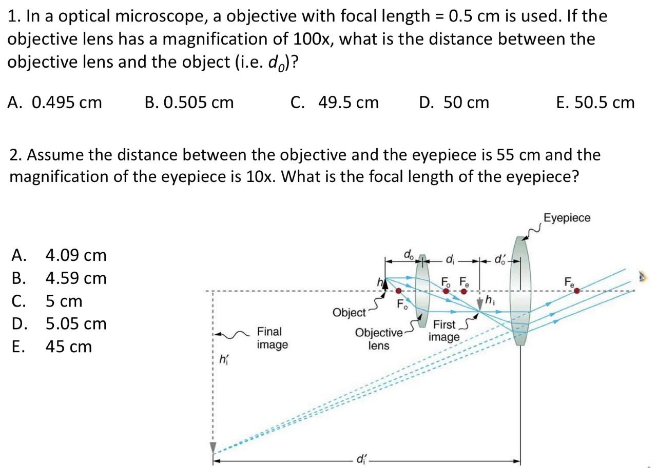Solved 1. In a optical microscope, a objective with focal | Chegg.com