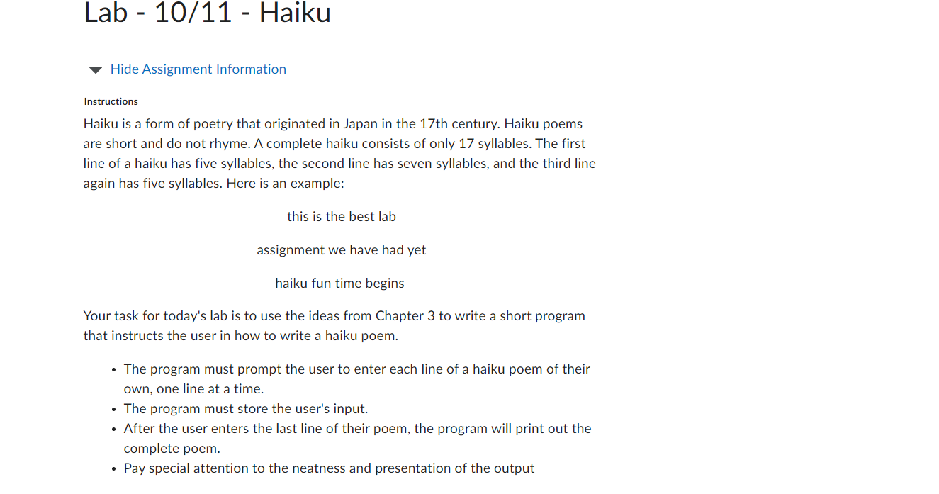 Solved - Hide Assignment Information Instructions Haiku is a | Chegg.com