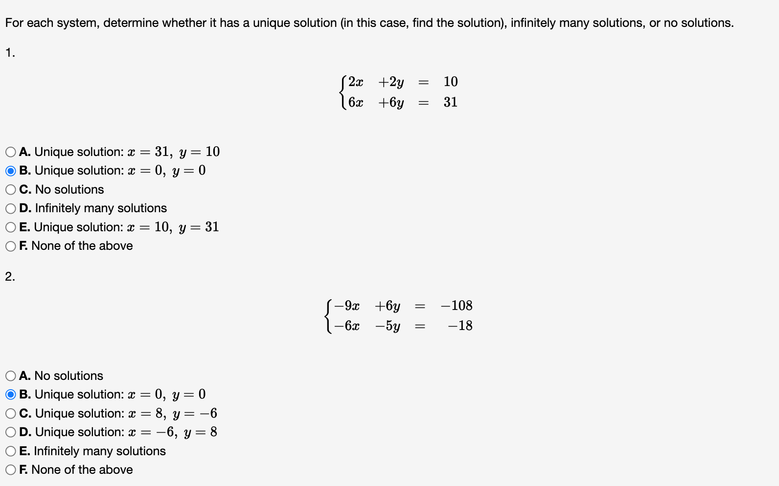 Solved For each system, determine whether it has a unique | Chegg.com