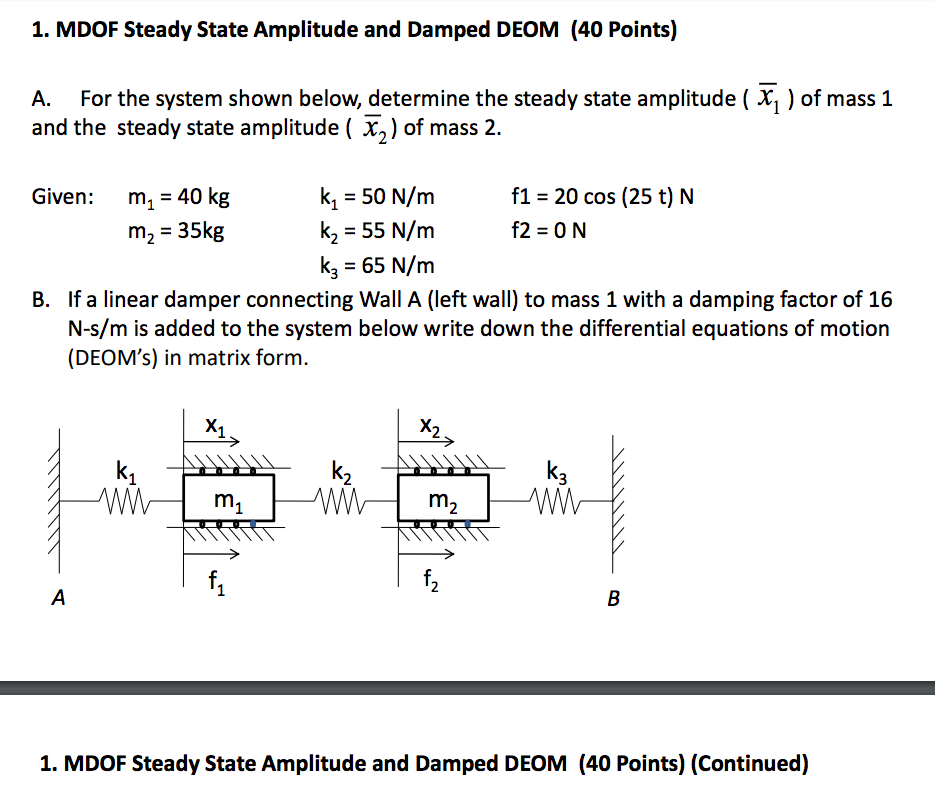 Solved 1. MDOF Steady State Amplitude and Damped DEOM (40 | Chegg.com Solved 1. MDOF Steady State Amplitude and Damped DEOM (40 | Chegg.com