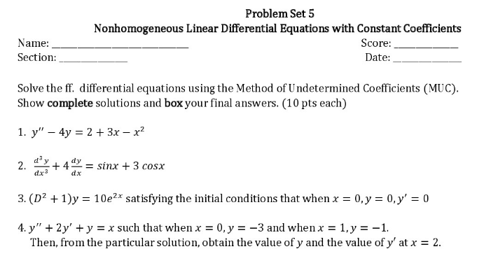 Solved Problem Set 5 Nonhomogeneous Linear Differential | Chegg.com