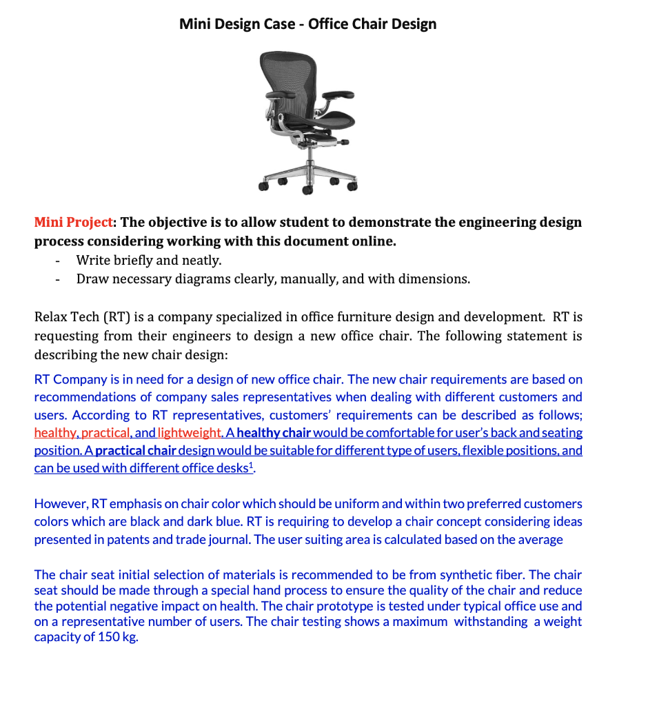 Mini Design Case - Office Chair Design Mini Project: | Chegg.com