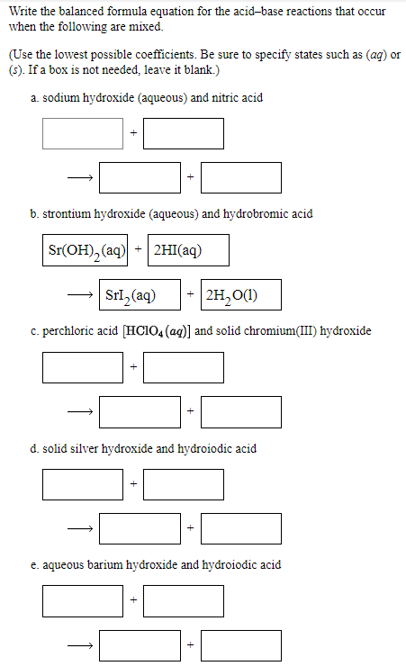 Solved Write the balanced formula equation for the acid-base | Chegg.com