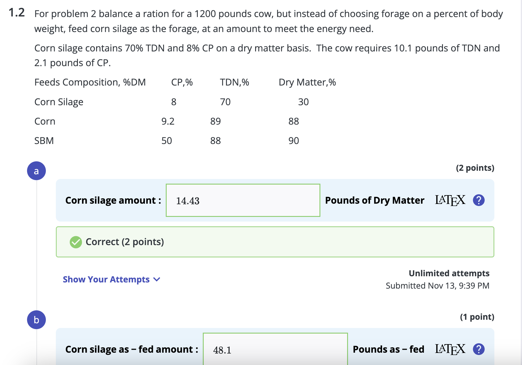 Solved For problem 2 balance a ration for a 1200 pounds cow, | Chegg.com