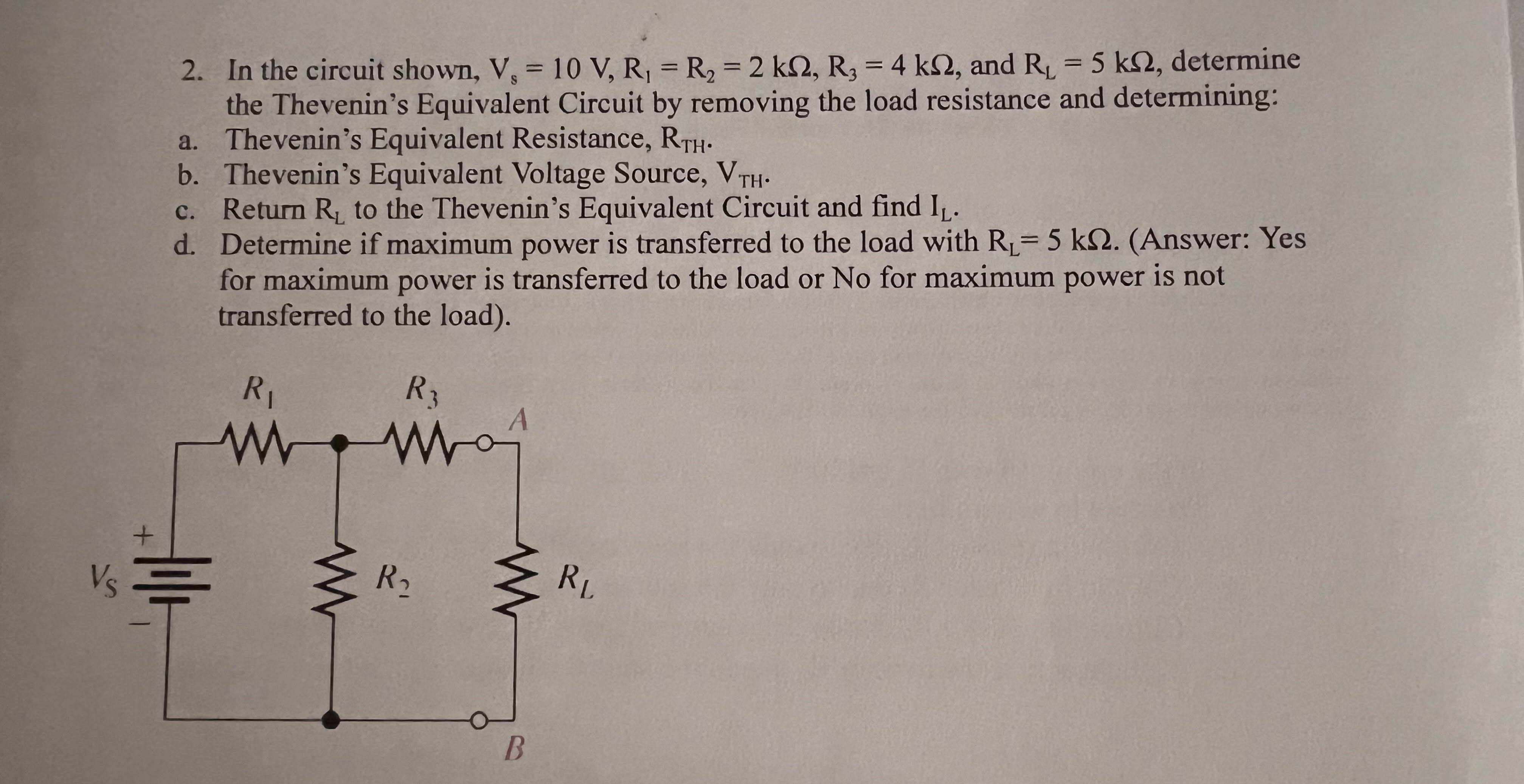 Solved 2. In the circuit shown, Vs=10 V,R1=R2=2kΩ,R3=4kΩ, | Chegg.com