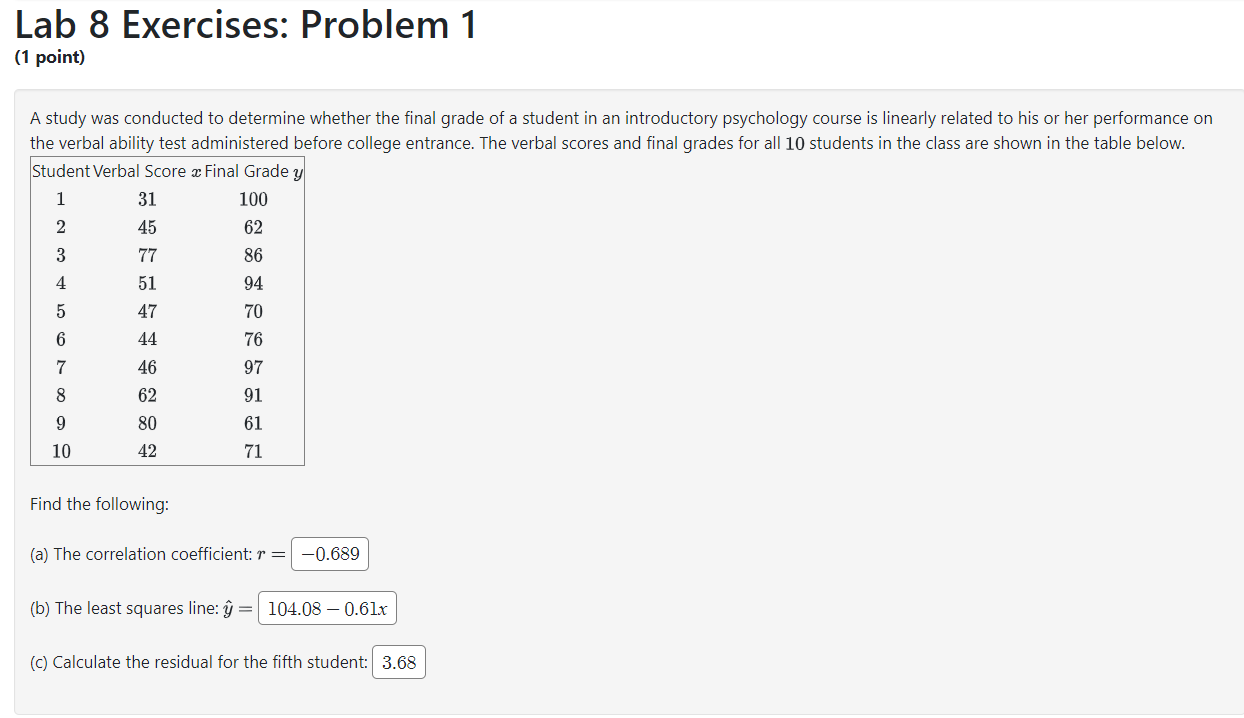 Solved Lab 8 Exercises: Problem 1 (1 point) A study was | Chegg.com