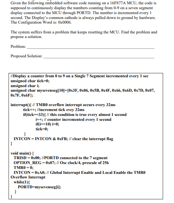 Given the following embedded software code running on | Chegg.com