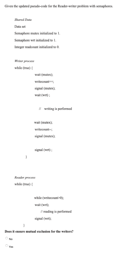 Solved Given the updated pseudo-code for the Reader-writer | Chegg.com