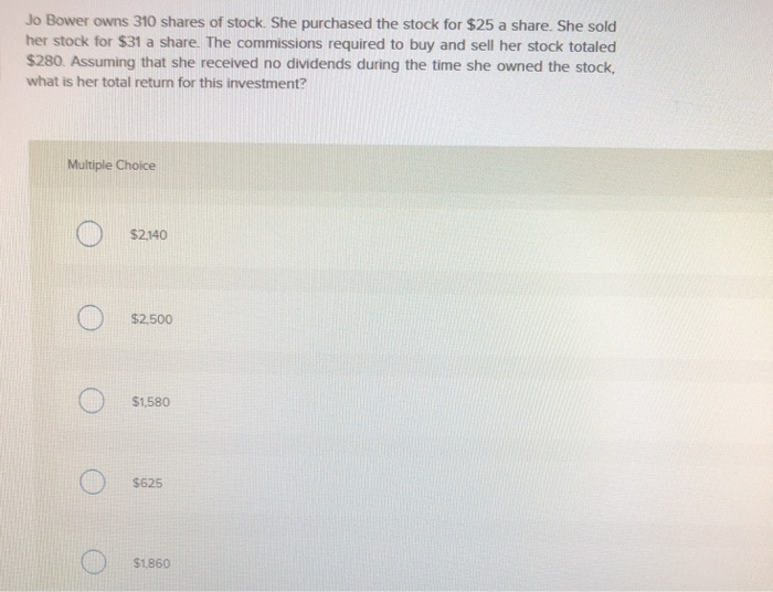 Solved Jo Bower owns 310 shares of stock. She purchased the | Chegg.com