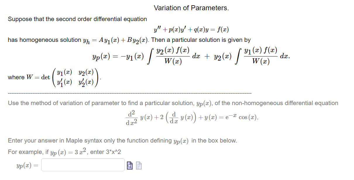 Solved Variation of Parameters.Suppose that the second order | Chegg.com