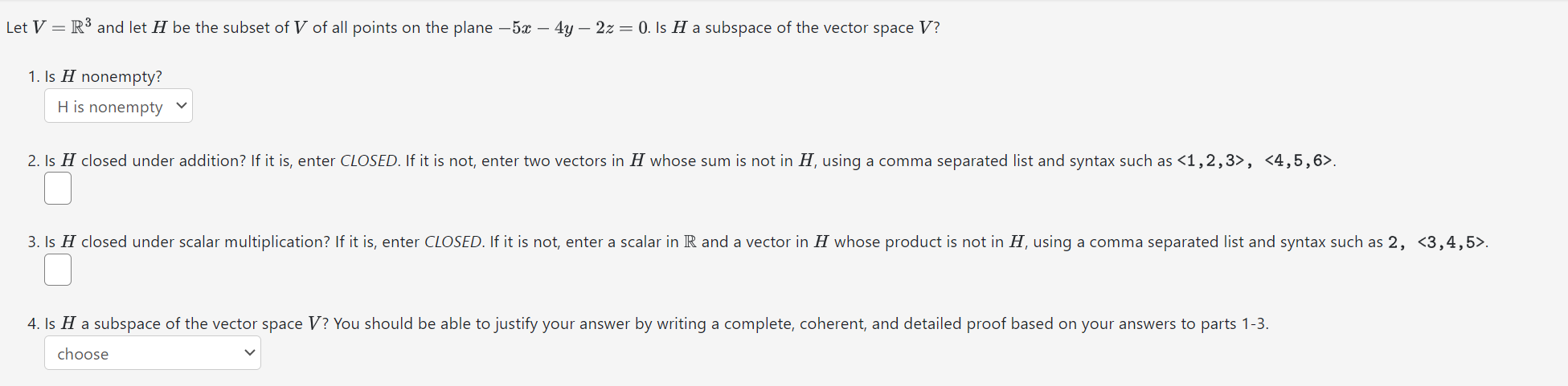 Solved Let V=R3 and let H be the subset of V of all points | Chegg.com