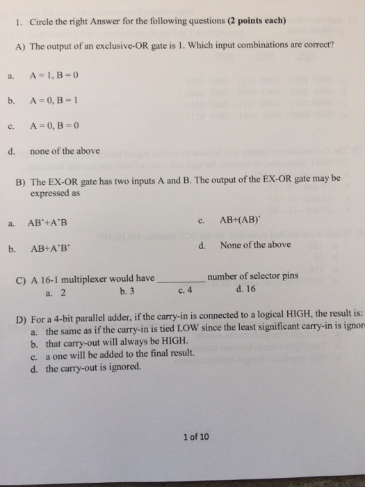 Solved Circle the right Answer for the following questions | Chegg.com