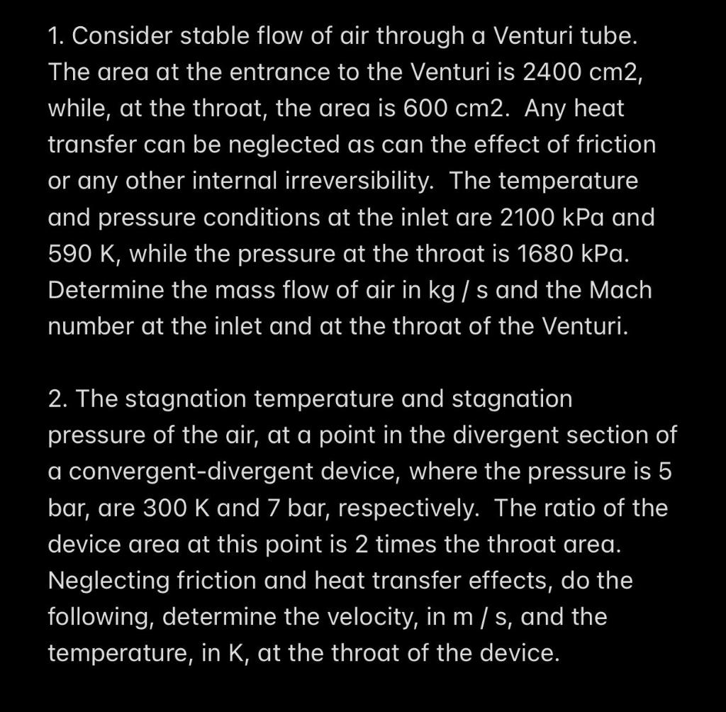Solved 1. Consider stable flow of air through a Venturi | Chegg.com