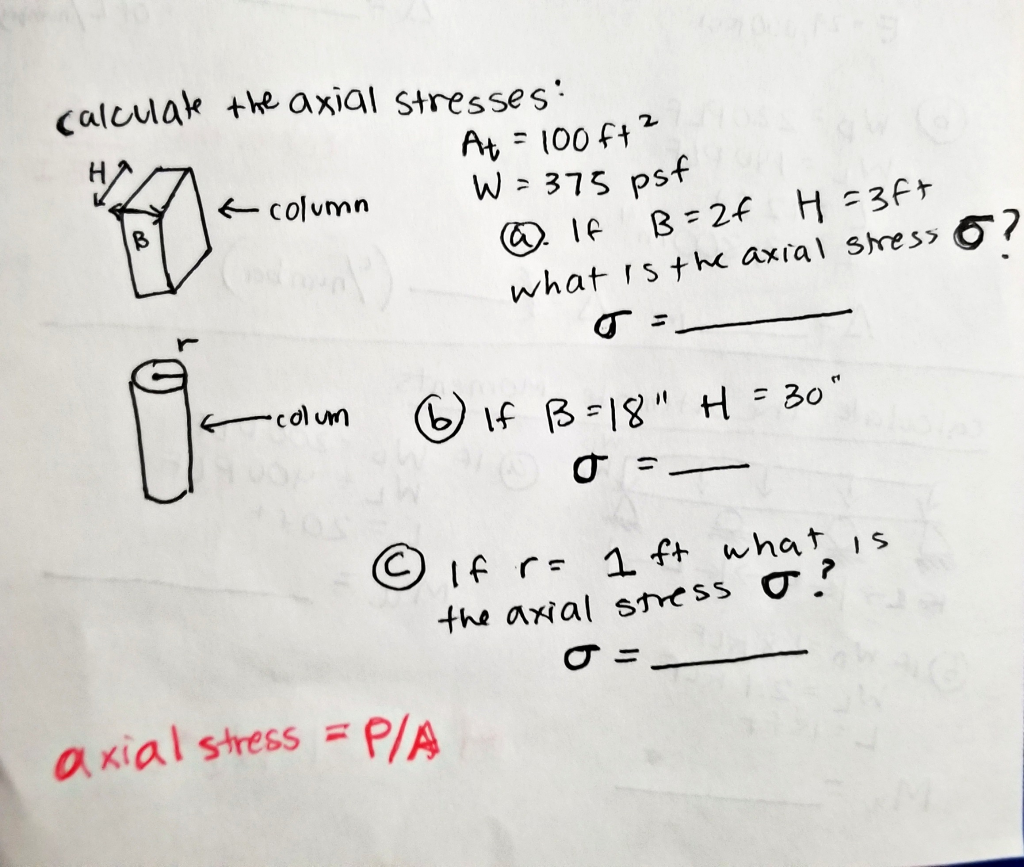 Solved calculate the axial stresses: At = 100 f12 W=375 psf | Chegg.com