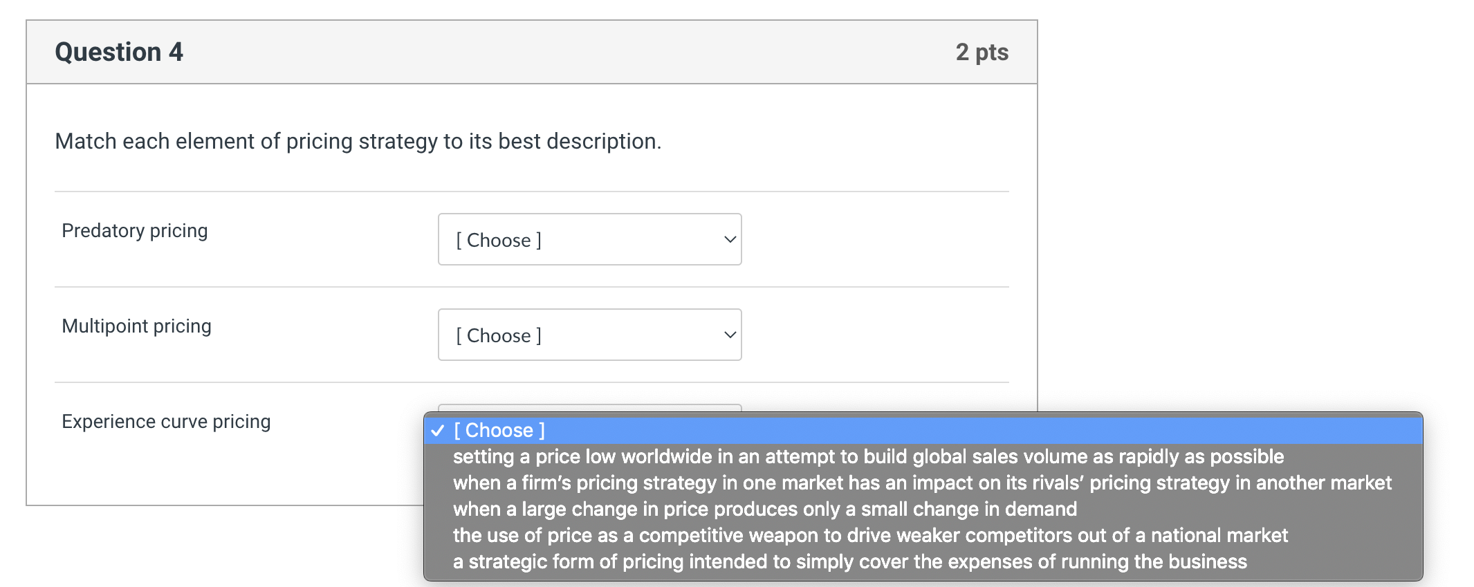 Solved Match each element of pricing strategy to its best | Chegg.com