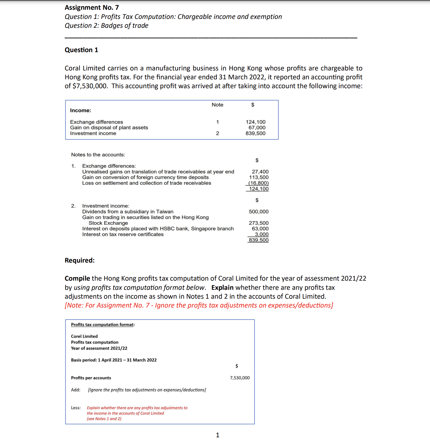 Assignment No. 7 Question 1: Profits Tax Computation: | Chegg.com