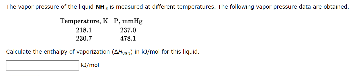 Solved The vapor pressure of the liquid NH3 is measured at | Chegg.com