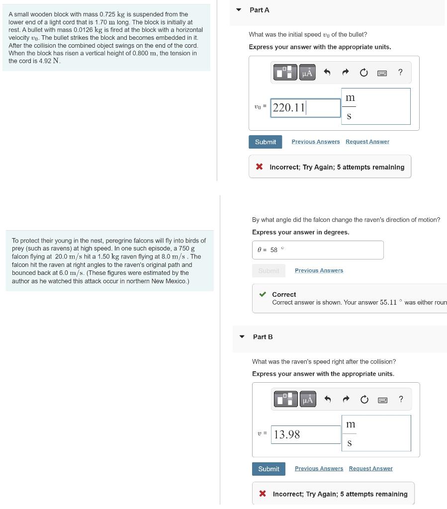 Solved A small wooden block with mass 0.725 kg is suspended | Chegg.com