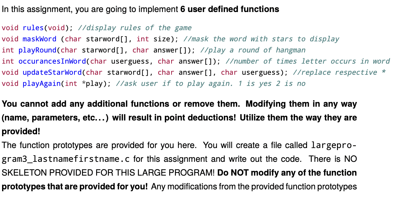 Solved Make a hangman game using the function prototype | Chegg.com