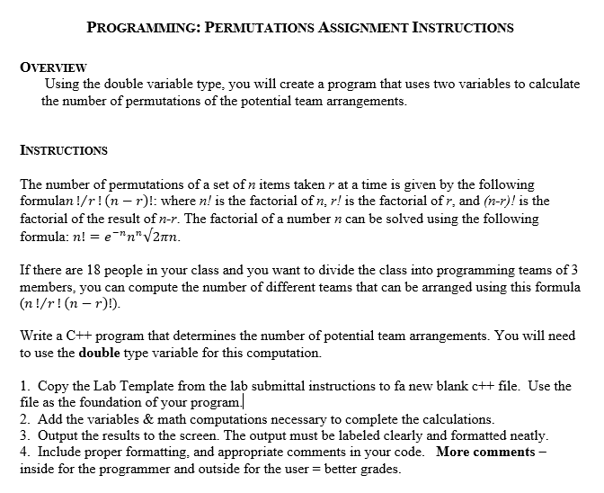 Solved PROGRAMMING: PERMUTATIONS ASSIGNMENT INSTRUCTIONS | Chegg.com Solved PROGRAMMING: PERMUTATIONS ASSIGNMENT INSTRUCTIONS | Chegg.com