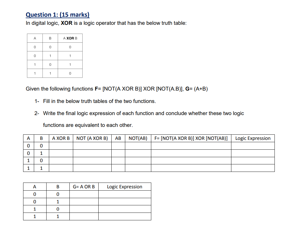 Solved Question 1: 15 marks) In digital logic, XOR is a | Chegg.com