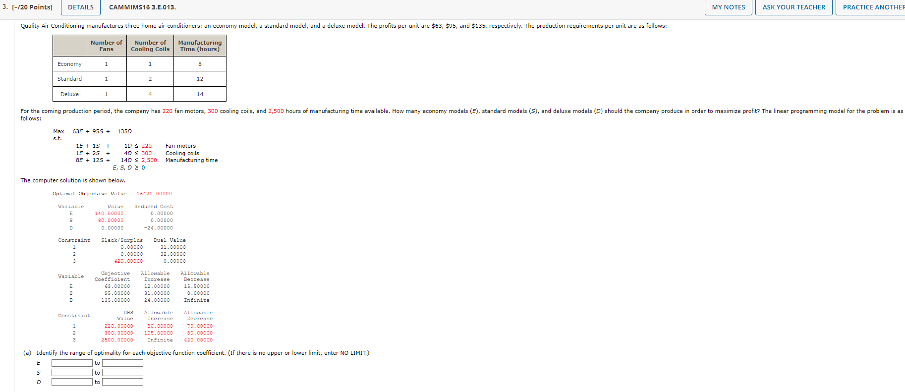 Solved s.t. 1E+1S+1D≤220 Fan motors 1E+2S+4D≤300 Cooling | Chegg.com