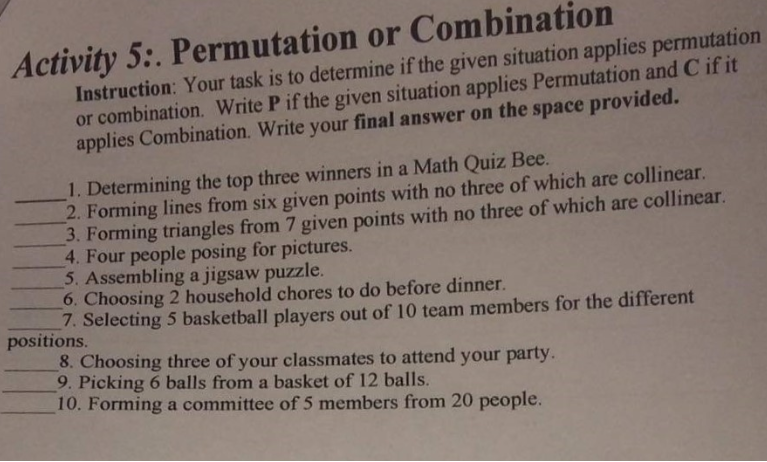 Solved Activity 5:. Permutation or Combination Instruction: | Chegg.com