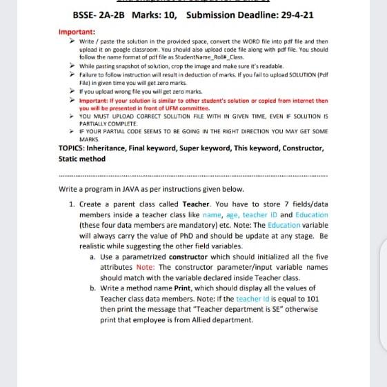 Solved BSSE-2A-2B Marks: 10, Submission Deadline: 29-4-21 | Chegg.com