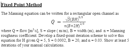 Solved Fixed Point Method The Manning equation can be | Chegg.com