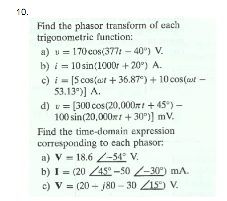 Solved 10. Find the phasor transform of each trigonometric | Chegg.com
