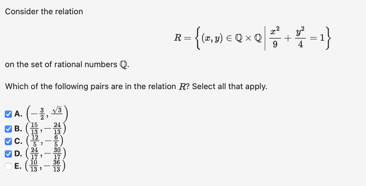 Solved Consider the relation R={(x,y)∈Q×Q∣9x2+4y2=1} on the | Chegg.com