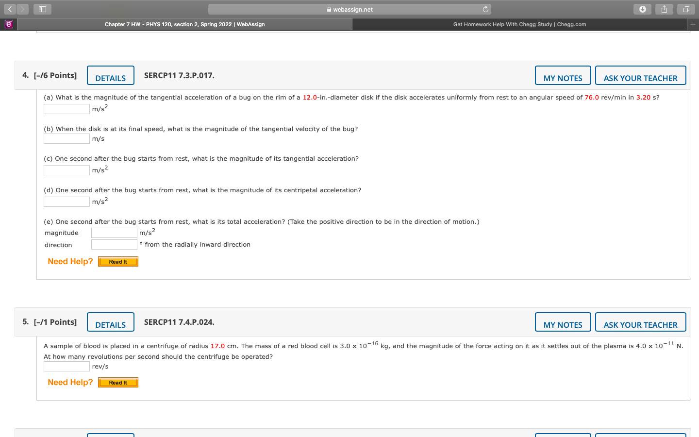 Solved webassign.net 6 e Chapter 7 HW - PHYS 120, section 2, | Chegg.com