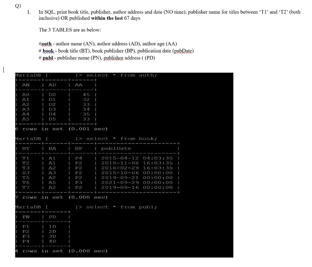 Solved Q1 1. In SQL, print book title, publisher, author | Chegg.com