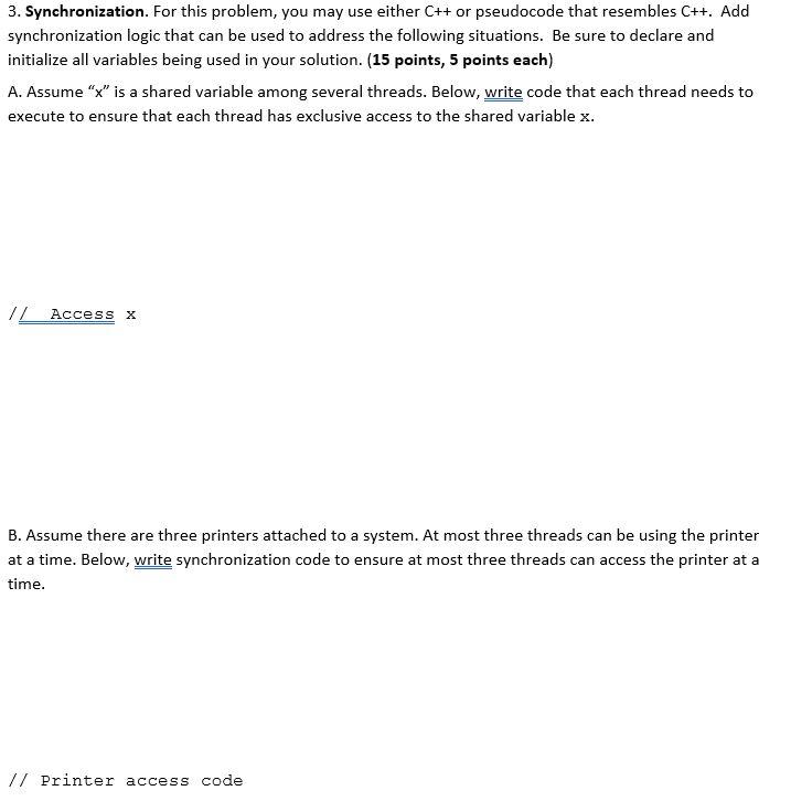 Solved 3. Synchronization. For this problem, you may use | Chegg.com