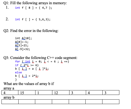 Solved Q1: Fill the following arrays in memory: 1. int f [ 8 | Chegg.com