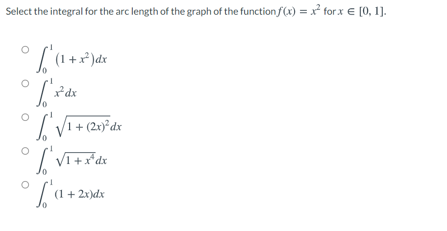 Solved Select the integral for the arc length of the graph | Chegg.com