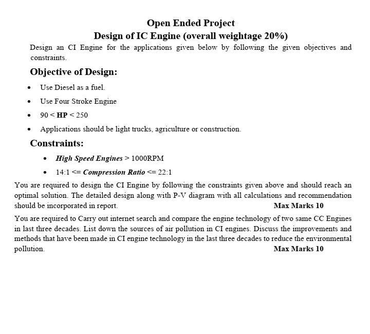 Open Ended Project Design of IC Engine (overall | Chegg.com