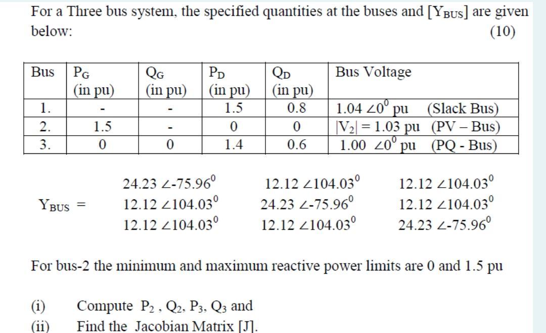 Solved For a Three bus system, the specified quantities at | Chegg.com